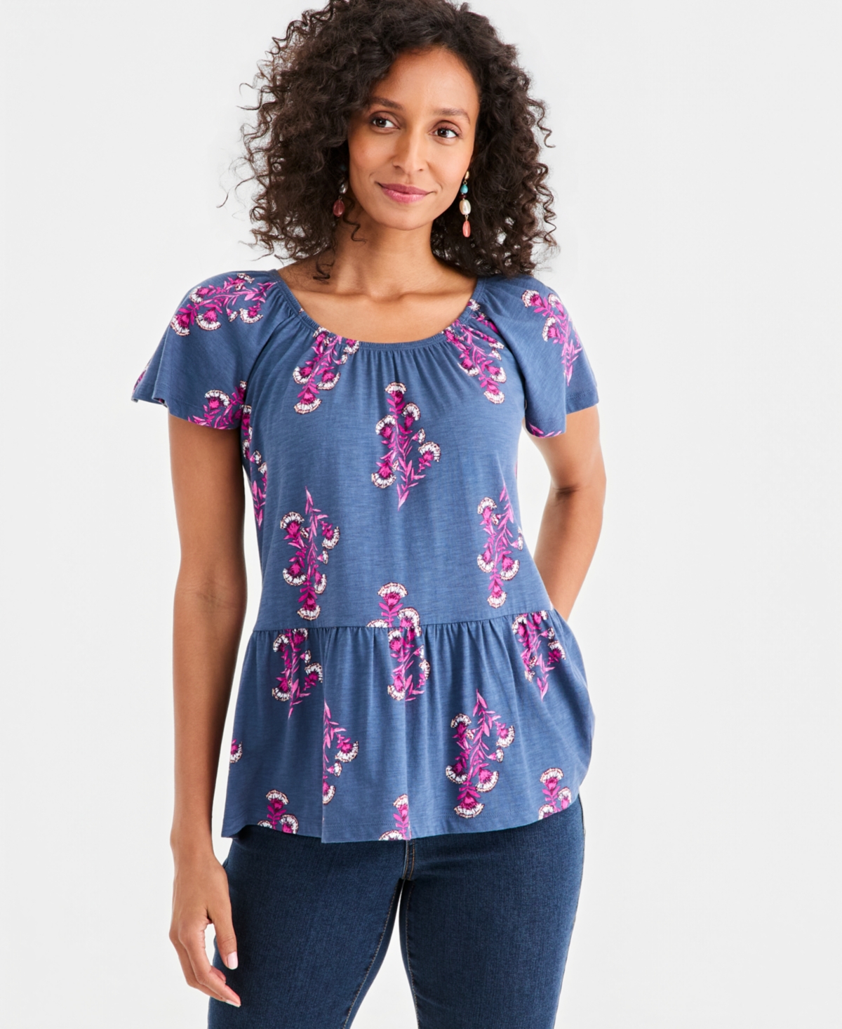 Click here for Style & Co Womens Printed Peplum Scoop-Neck Top  M... prices