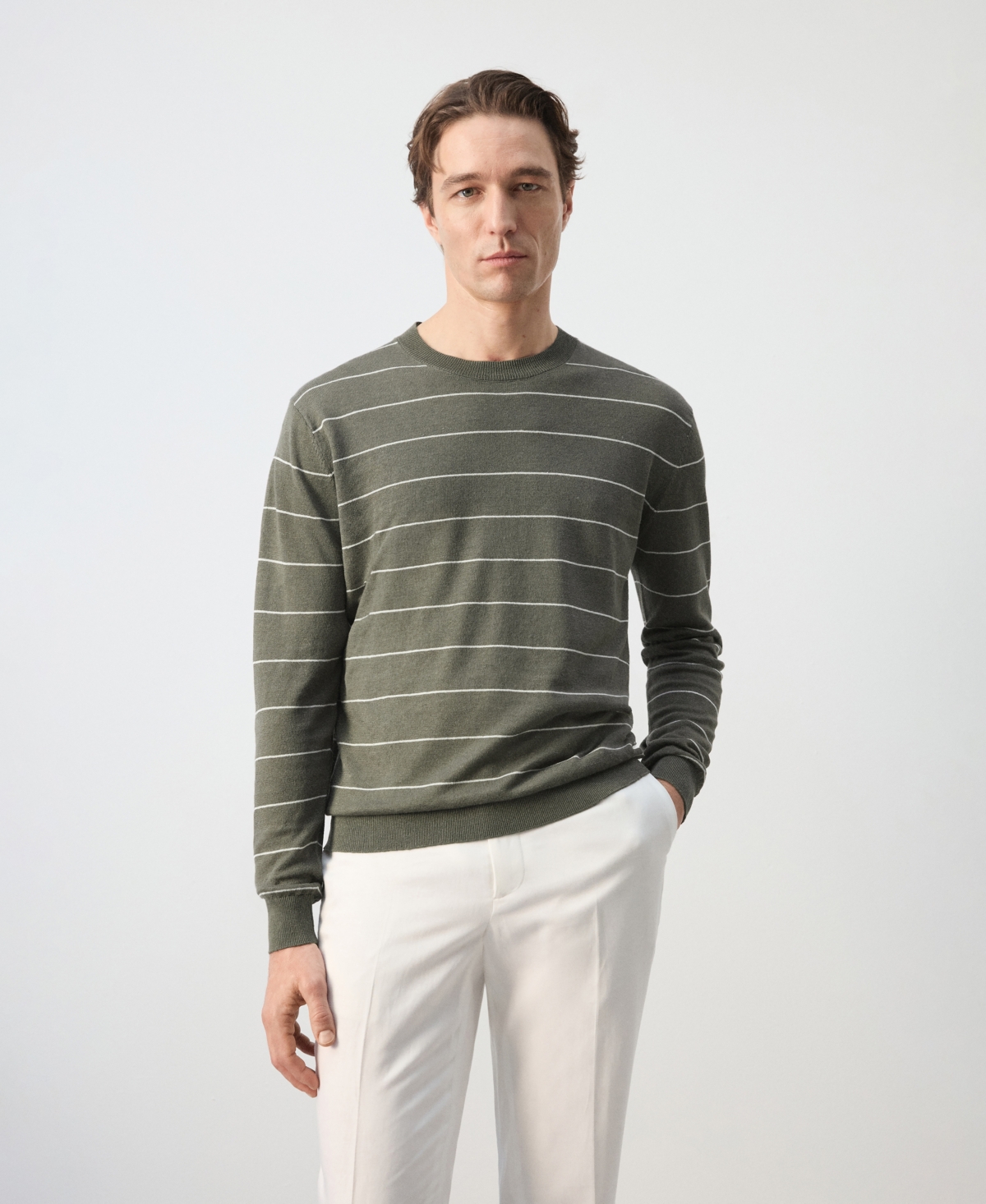 Click here for Mango Mens Striped Fine-Knit Linen-Blend Sweater -... prices