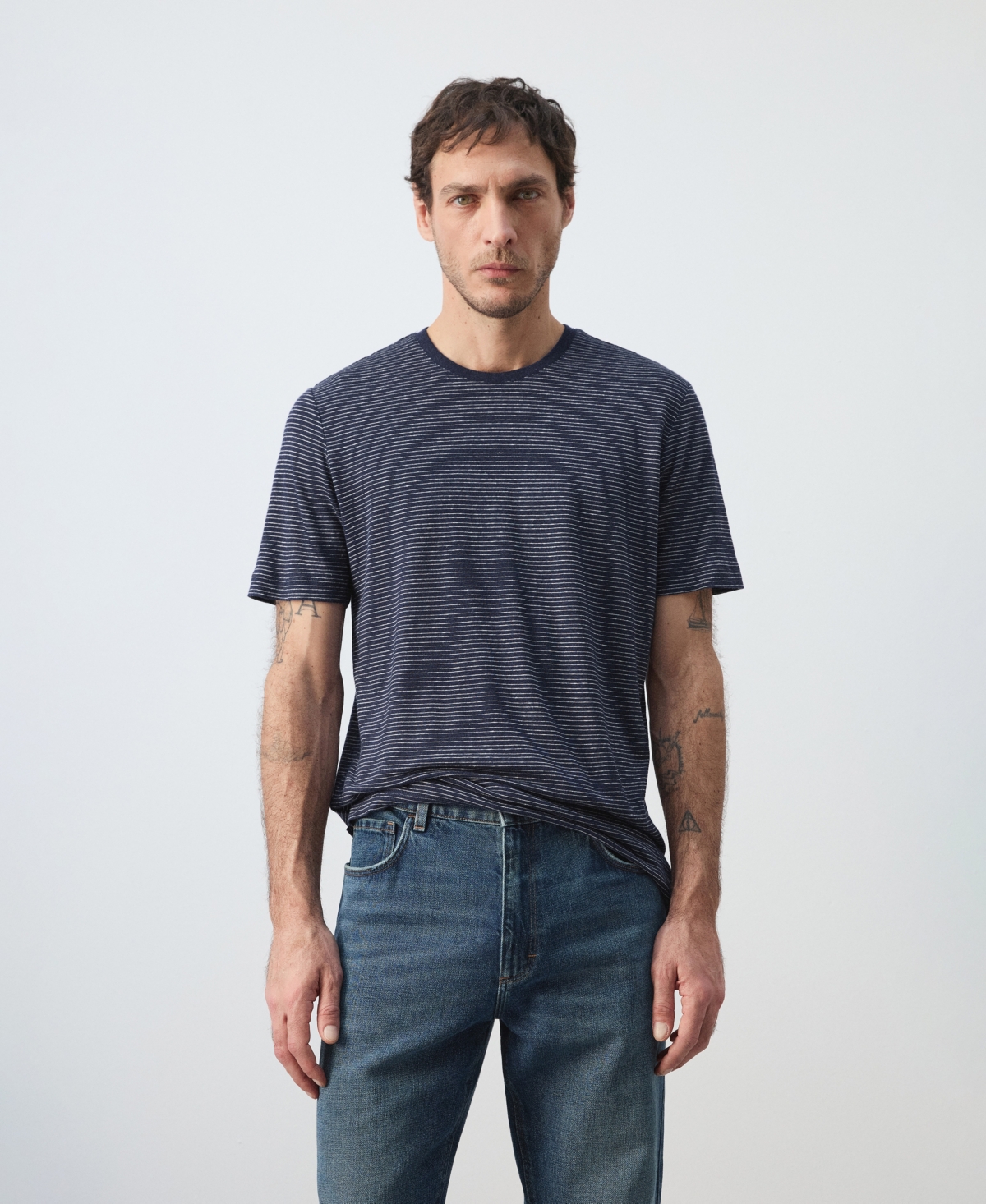Click here for Mango Mens Striped Slim-Fit Linen T-Shirt - Ink Bl... prices