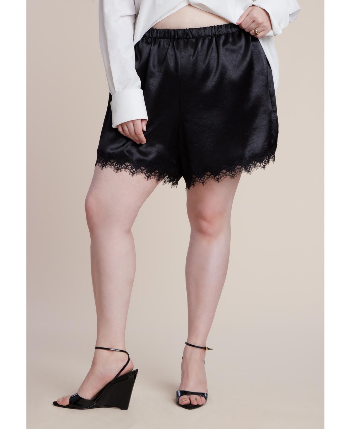 Click here for Eloquii Womens Satin Lace Trim Short - Black onyx prices