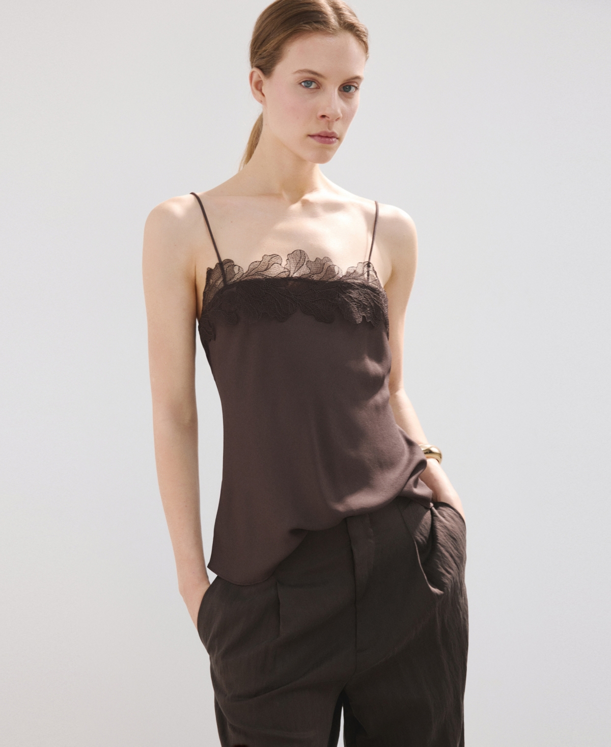 Click here for Mango Womens Lace Trim Top - Chocolate prices