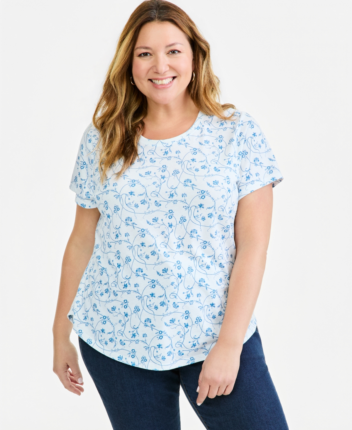 Click here for Style & Co Plus Size Vine Flora Floral Crewneck T-... prices