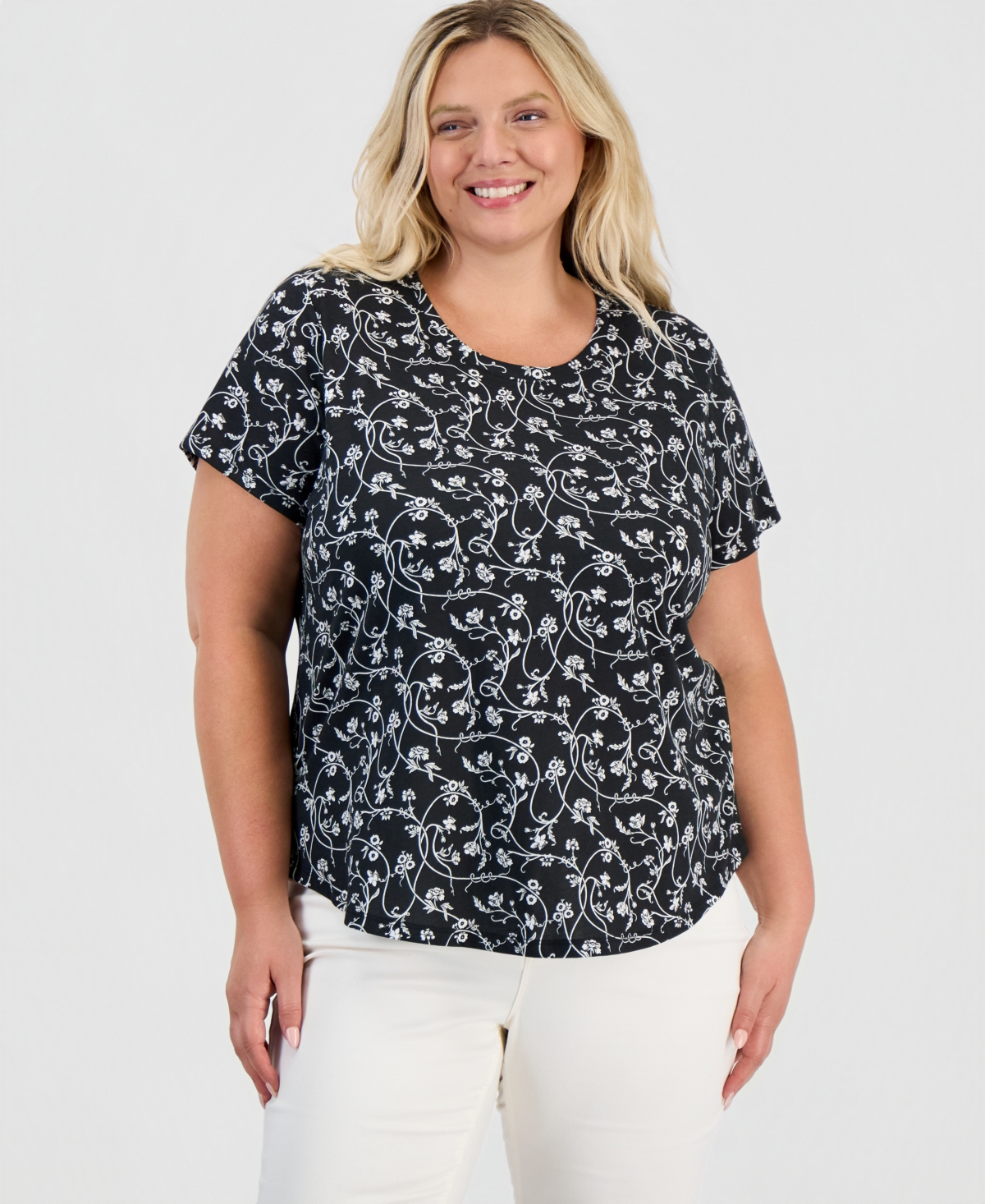 Click here for Style & Co Plus Size Vine Flora Floral Crewneck T-... prices