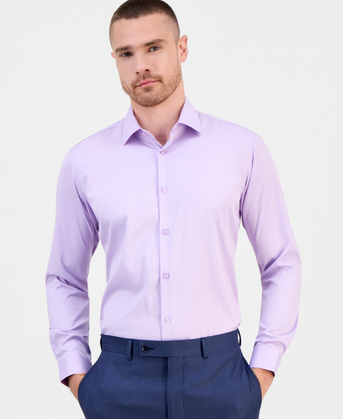 Suslo Couture Mens Slim-Fit Solid Four-Way Stretch Dress Shirt - Lilac