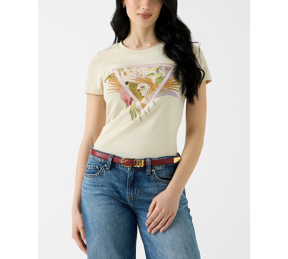 Click here for Guess Womens Crewneck Palm Triangle Logo T-Shirt -... prices