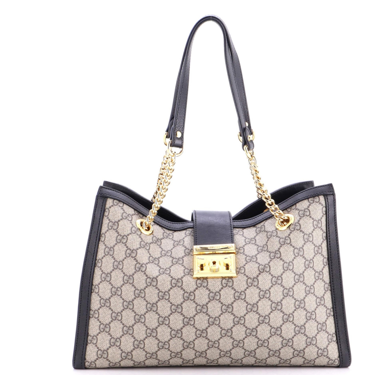 Click here for Pre-Owned Gucci Medium Padlock Chain Tote Gg Coate... prices