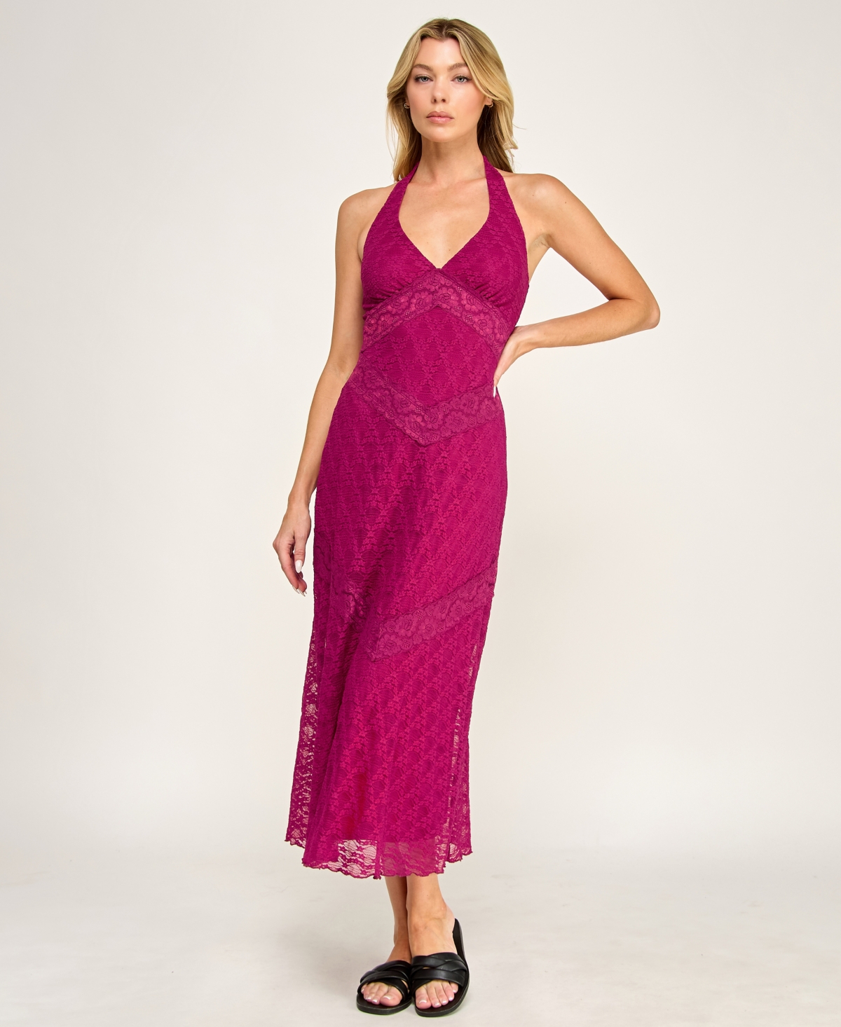 Click here for Row A Juniors Lace Detail Halter Neck Midi Dress -... prices