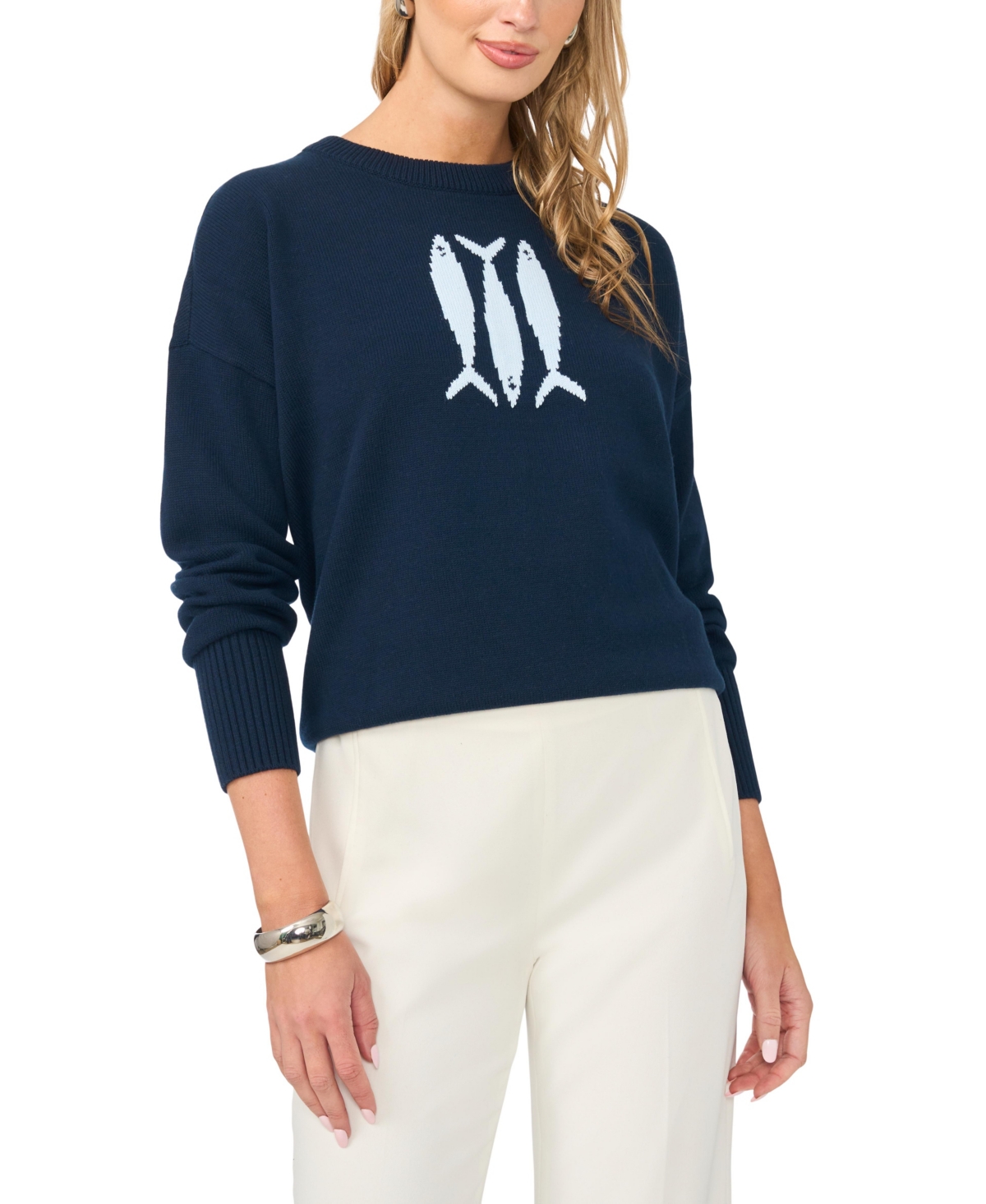 Click here for Vince Camuto Womens Sardine Motif Crewneck Sweater... prices