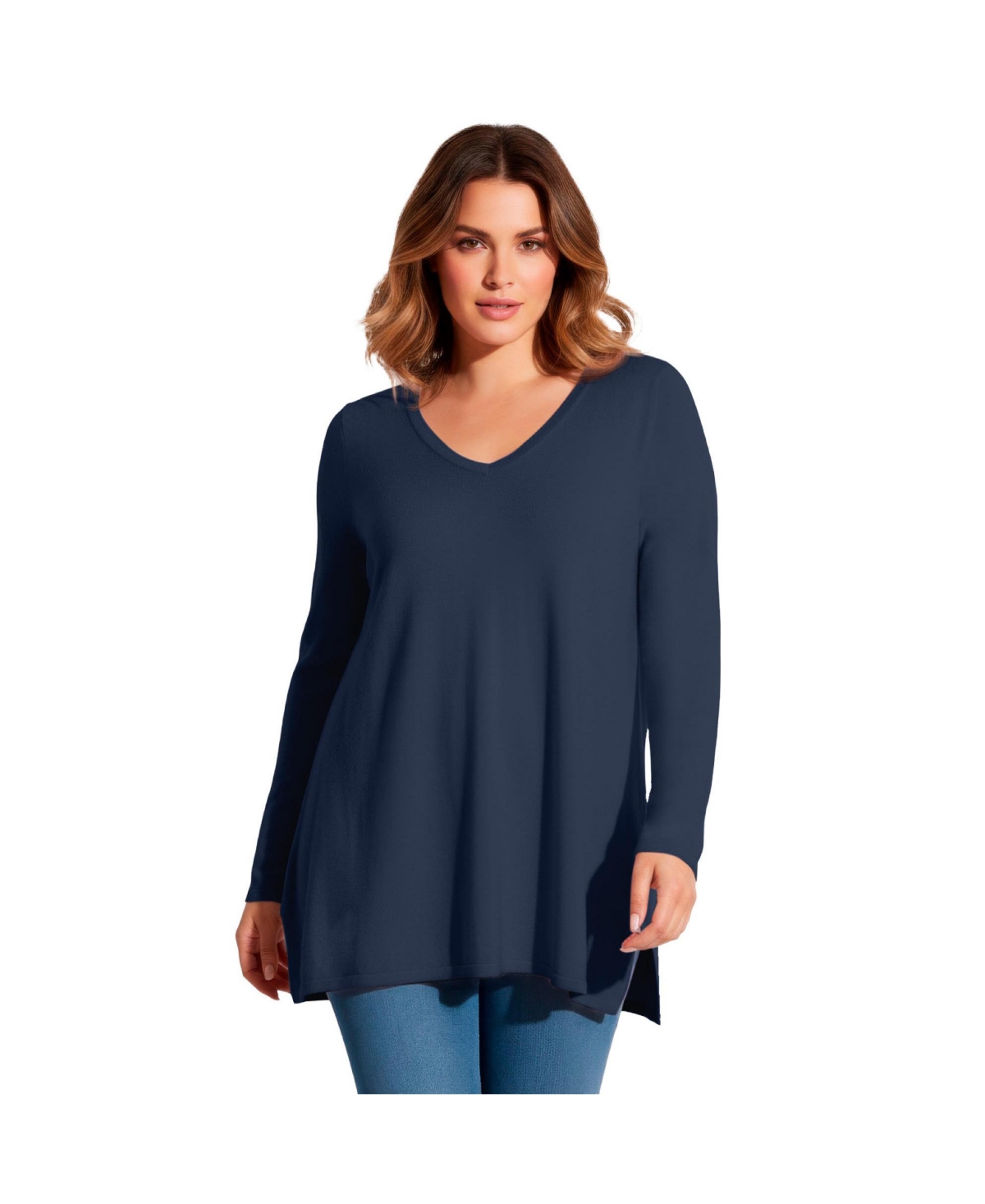 Click here for Avenue Womens V-Neck Tunic Sweater - Navy prices