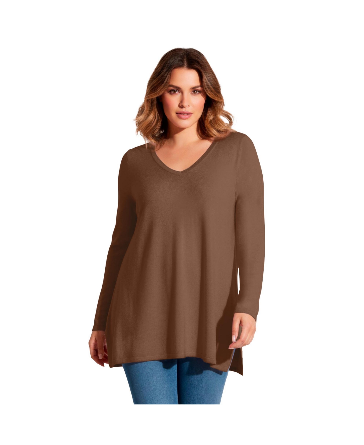 Click here for Avenue Womens V-Neck Tunic Sweater - Deep mocha prices