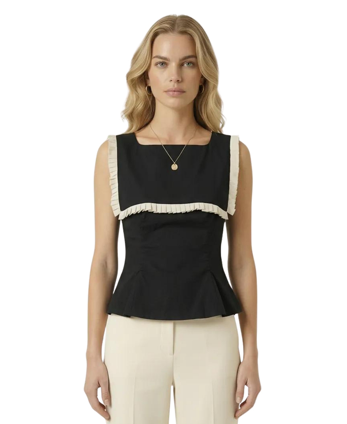 Click here for Modenaire Womens Sleeveless Ruffle-Trim Peplum Top... prices