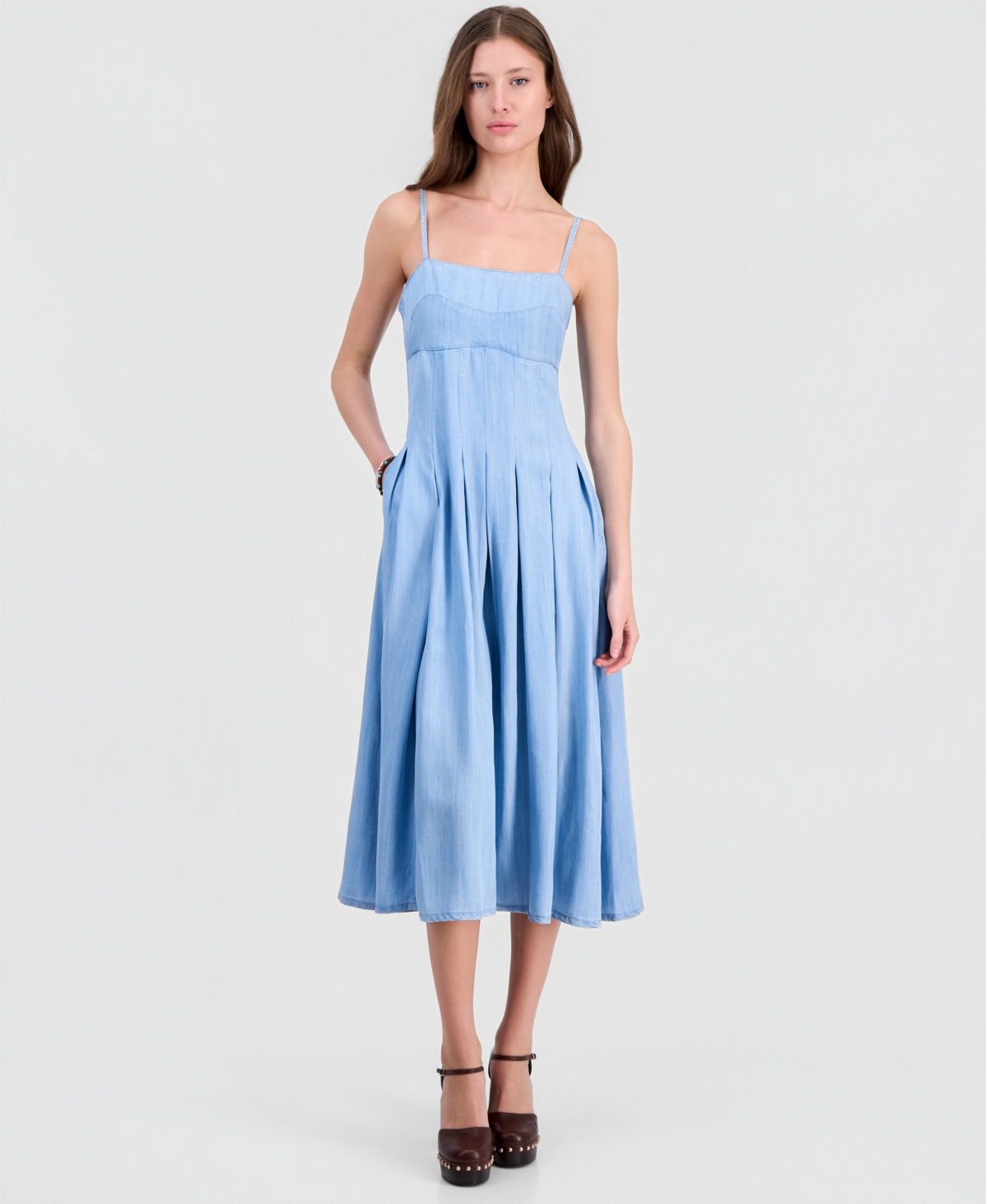 Click here for Guess Womens Bria Chambray Midi Pleated Dress - ES... prices