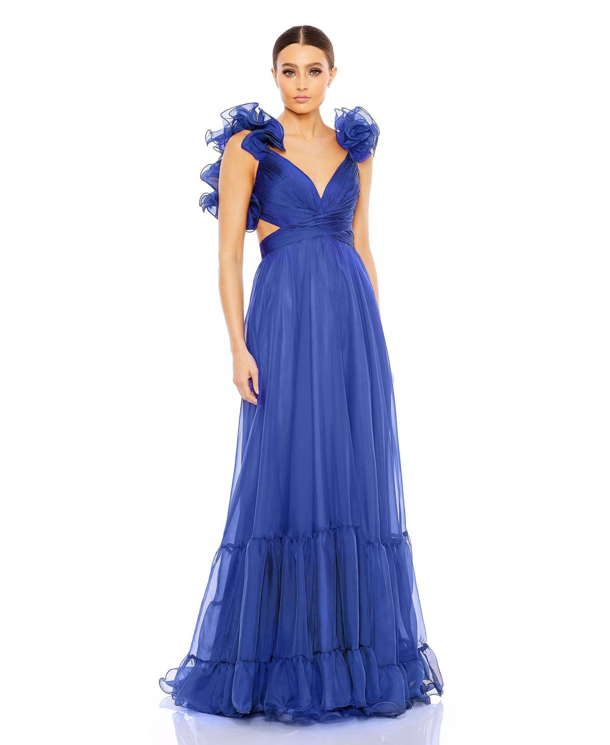 Click here for Womens Ruffle Tiered Cut-Out Chiffon Gown - Cobalt prices
