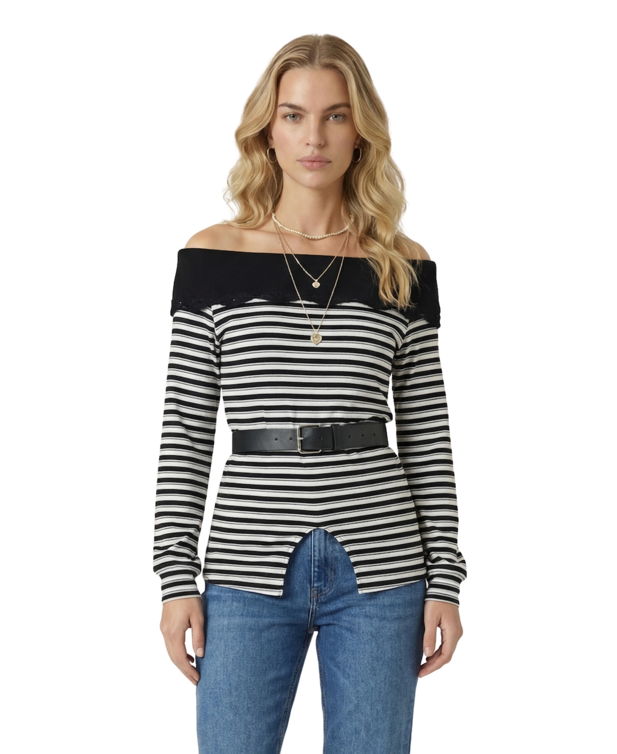 Click here for Modenaire Womens Off-The-Shoulder Striped Knit Top... prices