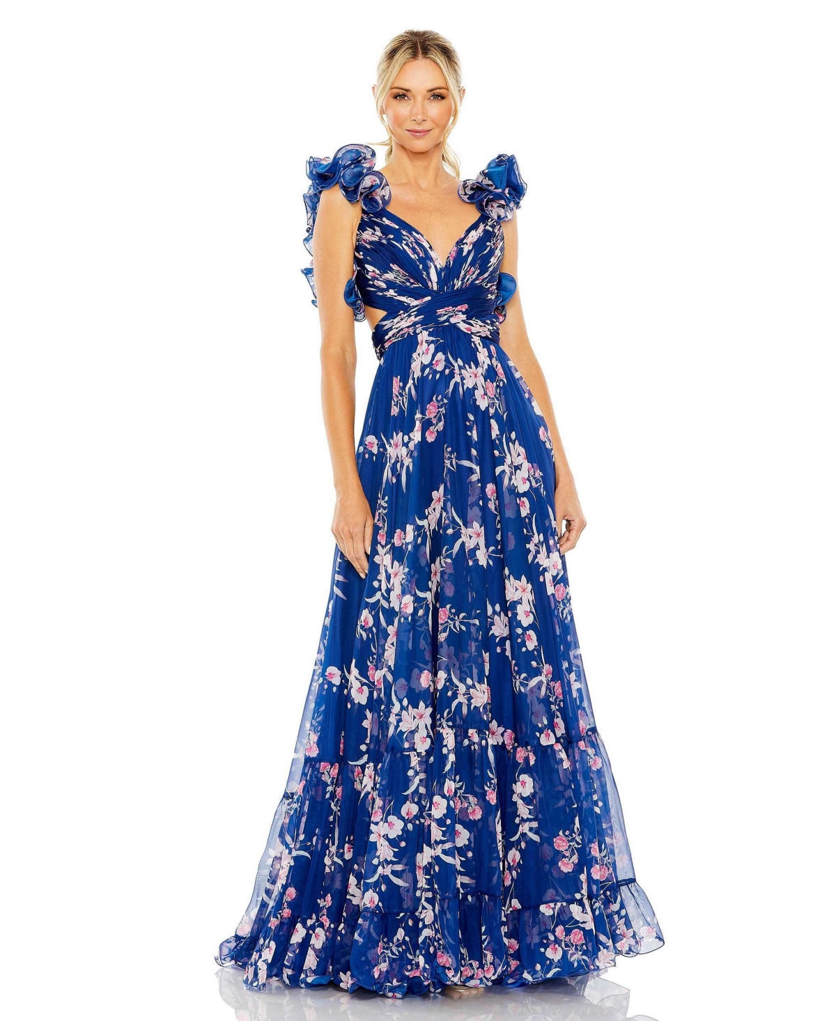 Click here for Mac Duggal Womens Ruffle Tiered Floral Cut-Out Chi... prices