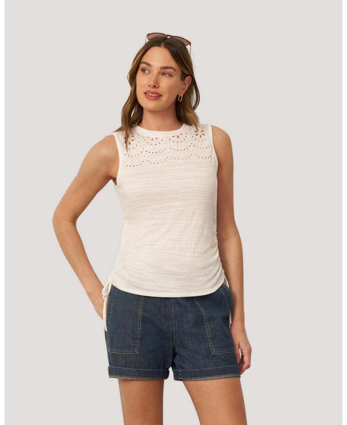 Click here for Cable & Gauge Womens Embroidered Yoke Ruched Top -... prices