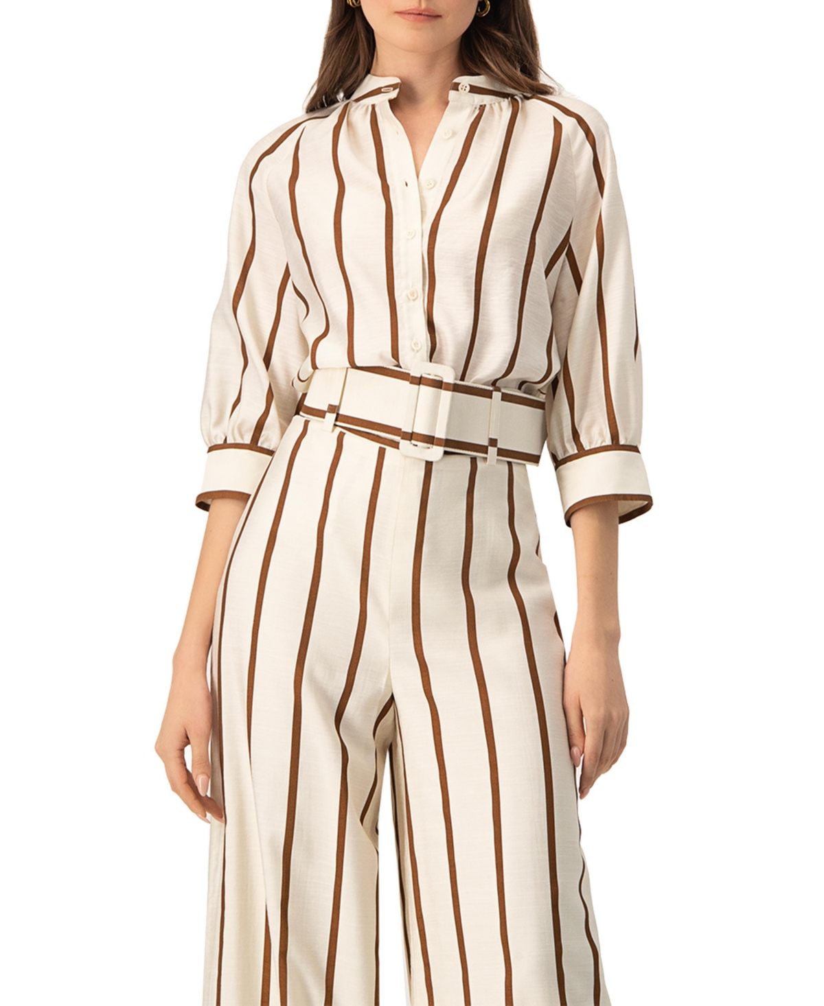 Click here for Ivonne Womens Striped Mandarin Collar Shirt - Natu... prices