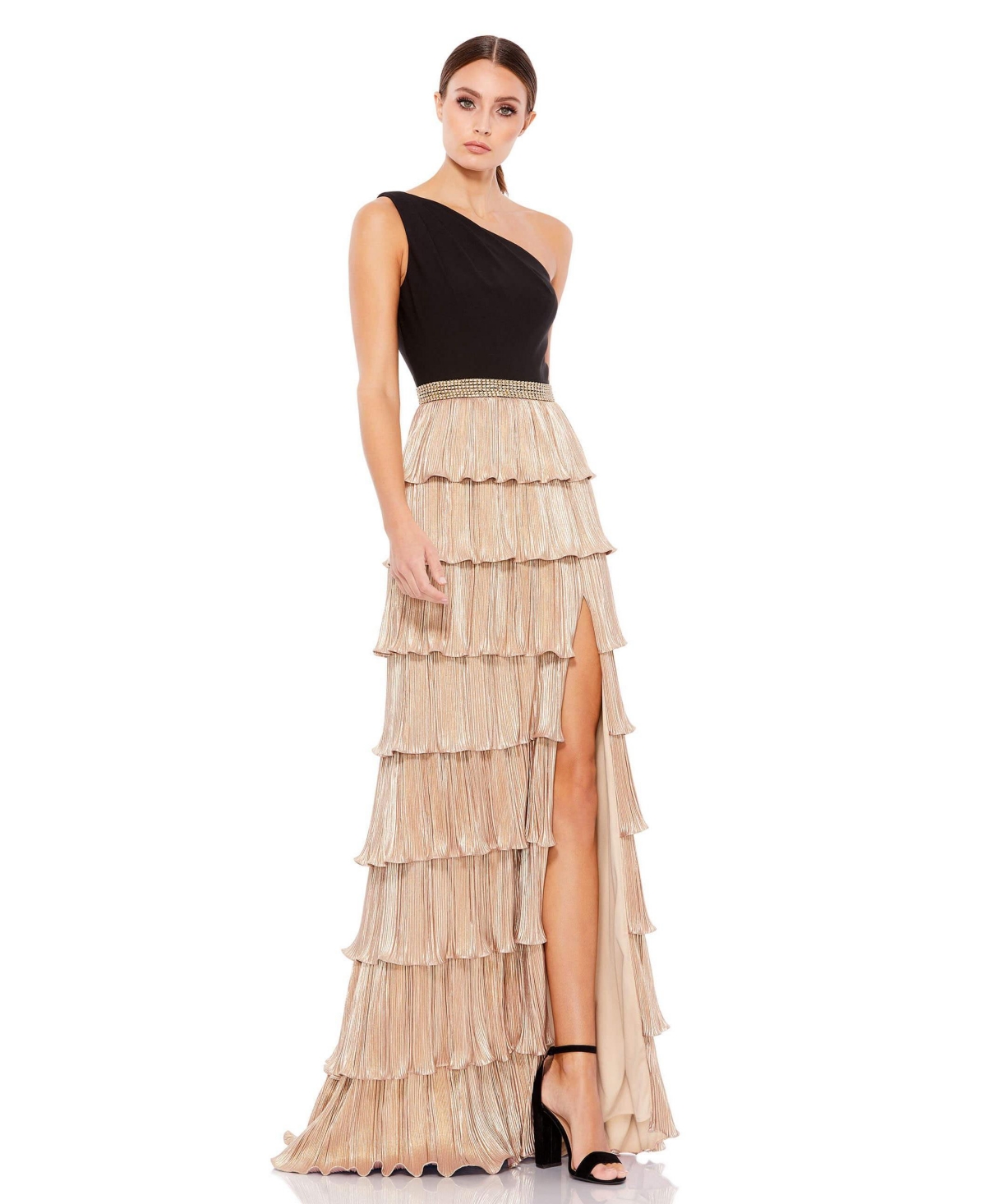 Click here for Mac Duggal Womens One Shoulder Layered Metallic Ru... prices