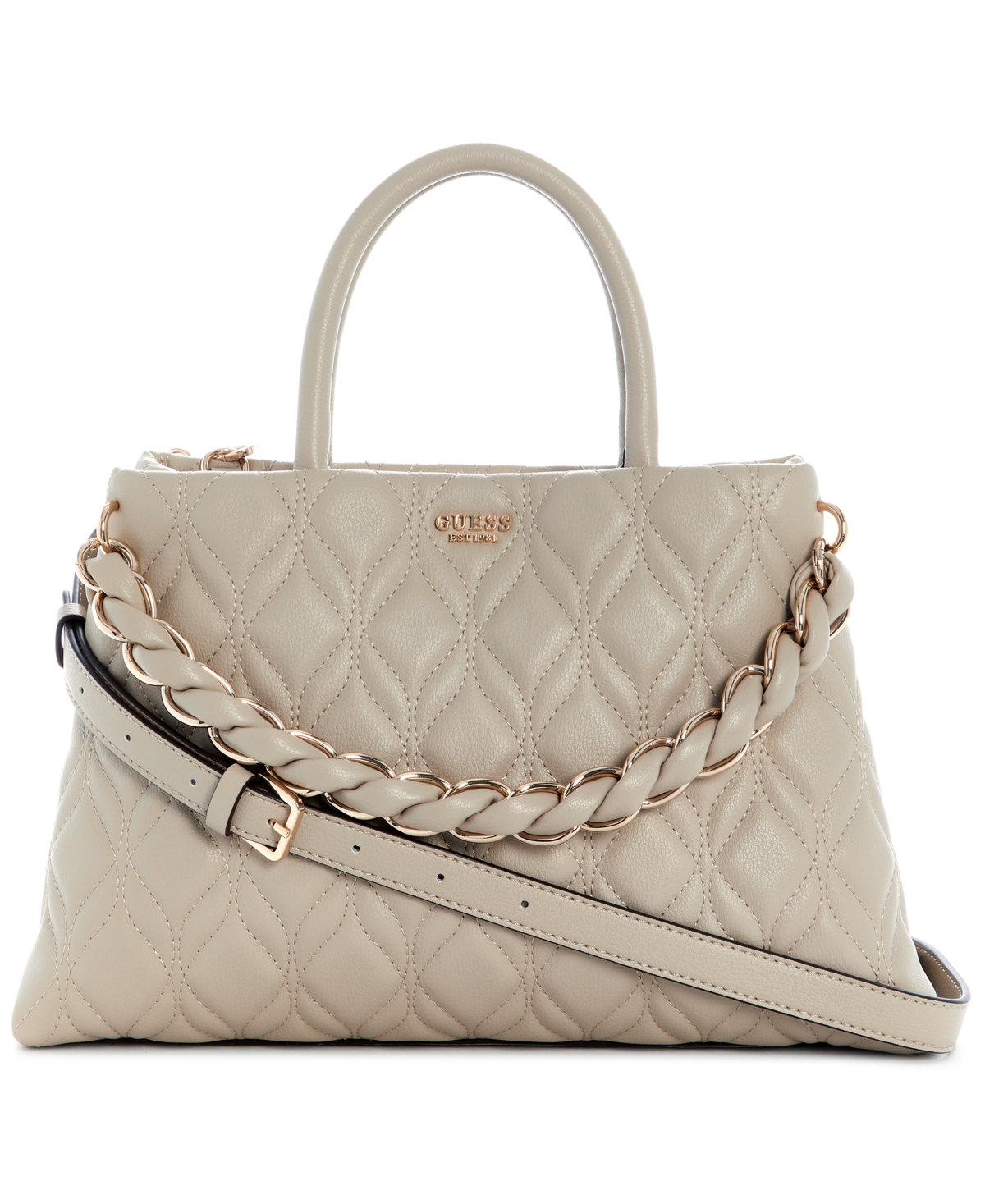 Click here for Guess Maxine Small Satchel Bag - Beige prices