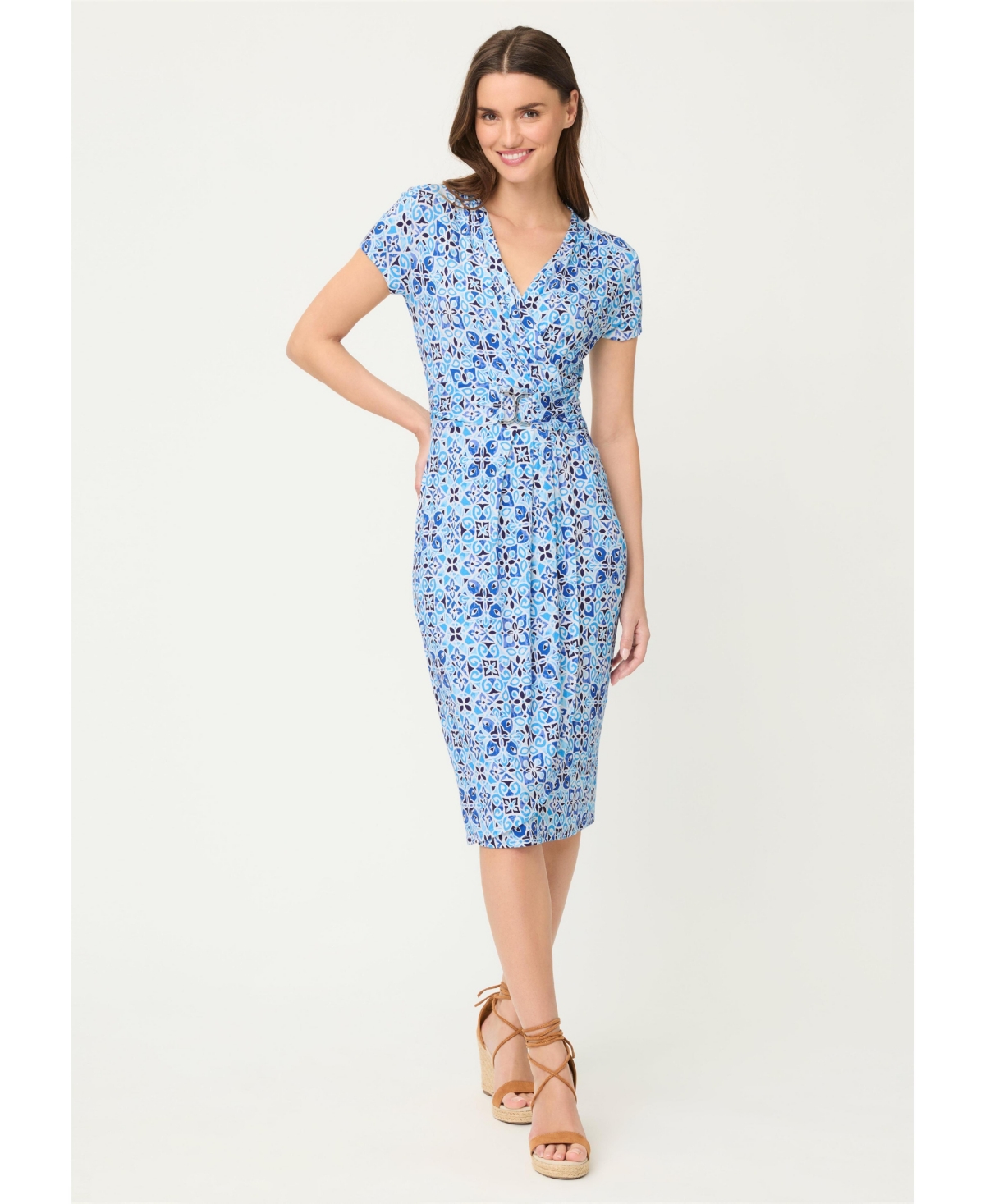 Click here for Olsen Womens Ornamental Faux Wrap Dress - Bay blue prices