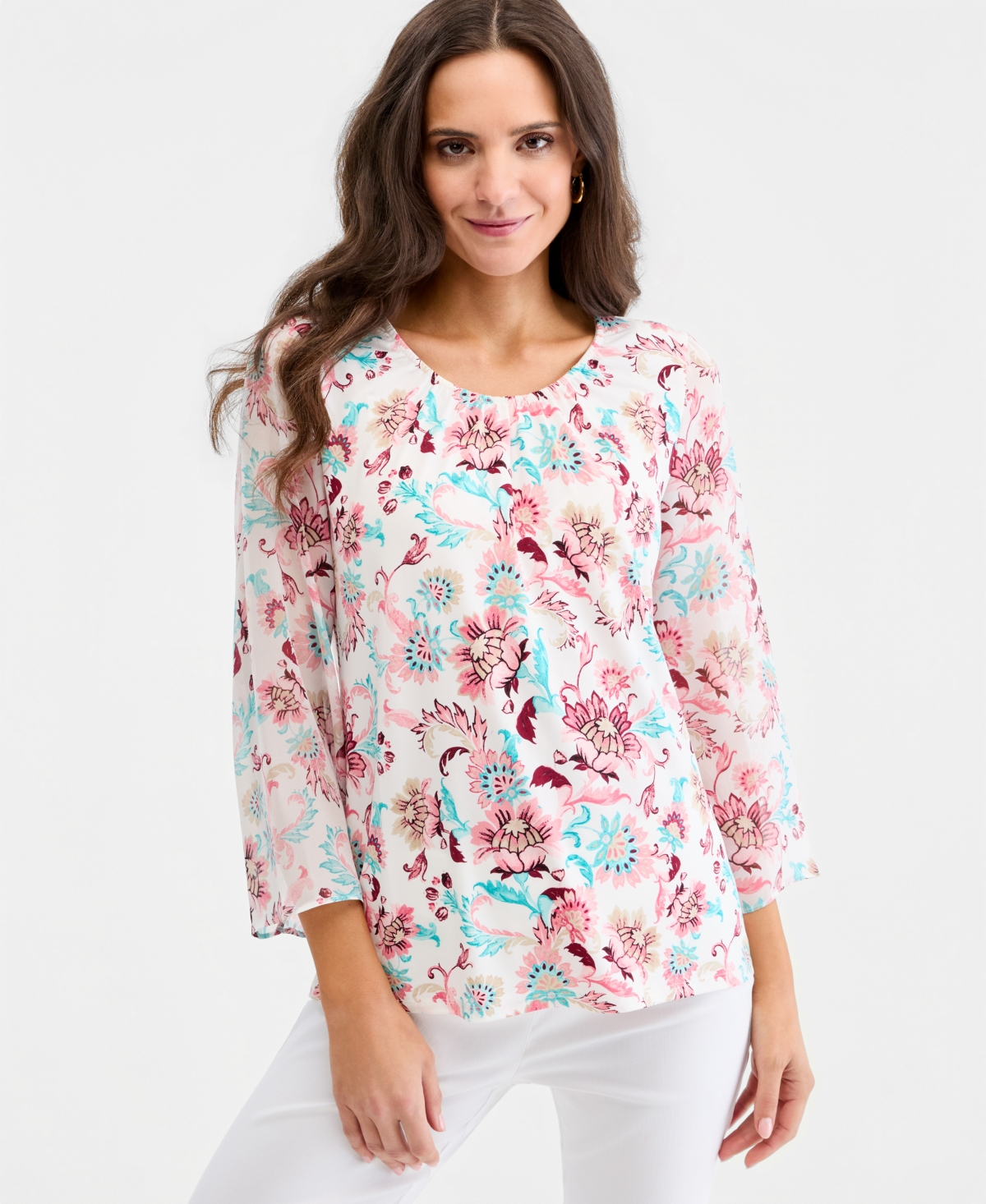 Click here for Jm Collection Womens Printed Chiffon-Sleeve Gather... prices