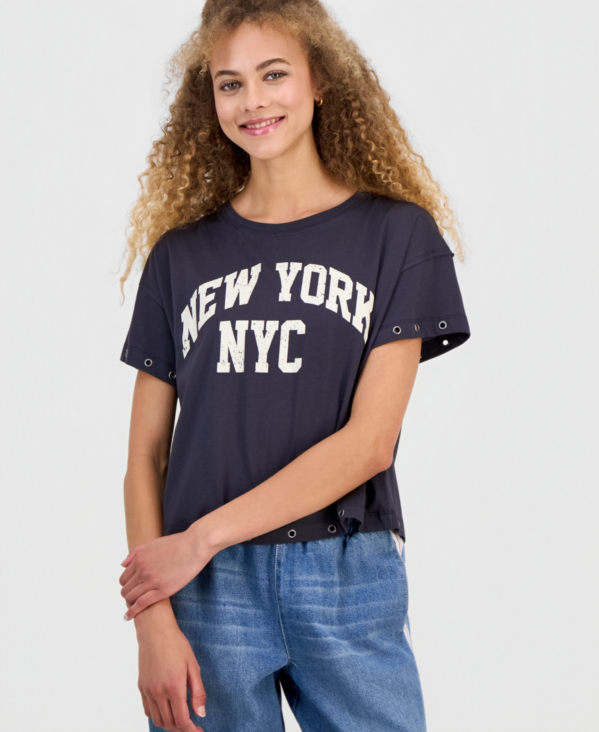 Click here for Madden Girl Juniors Nyc Grommet T-Shirt - Deep Gre... prices
