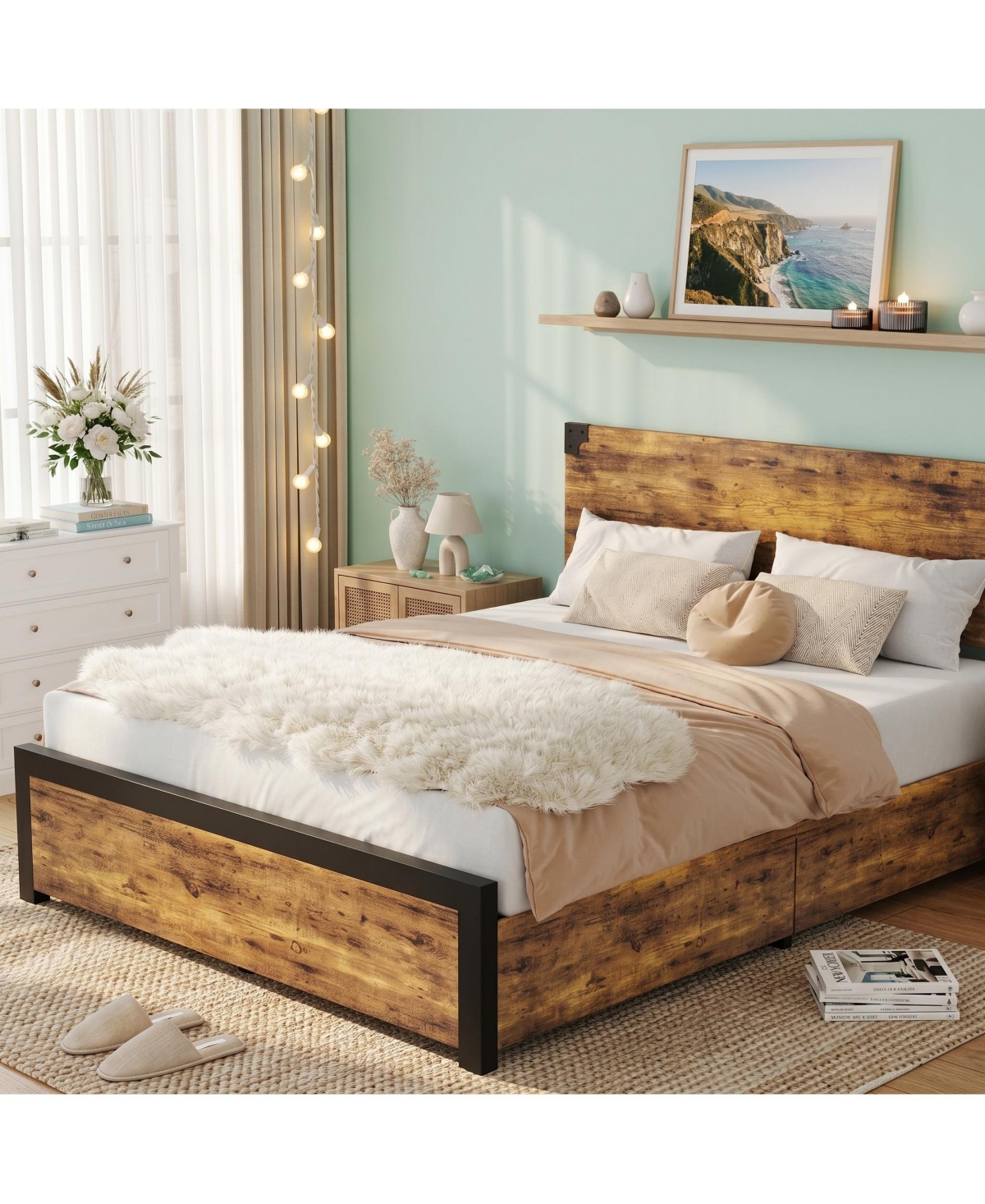 Click here for homfan Vintage-Industrial Bed Frame with Under-Bed... prices