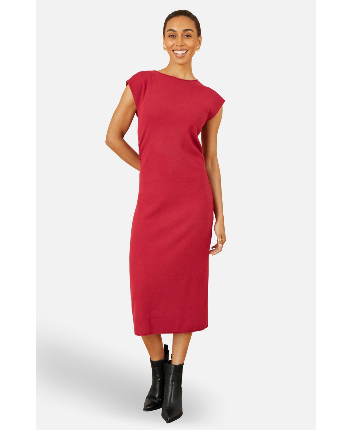 Click here for Yumi Womens Knitted Ruched Midi Dress - Burgundy prices