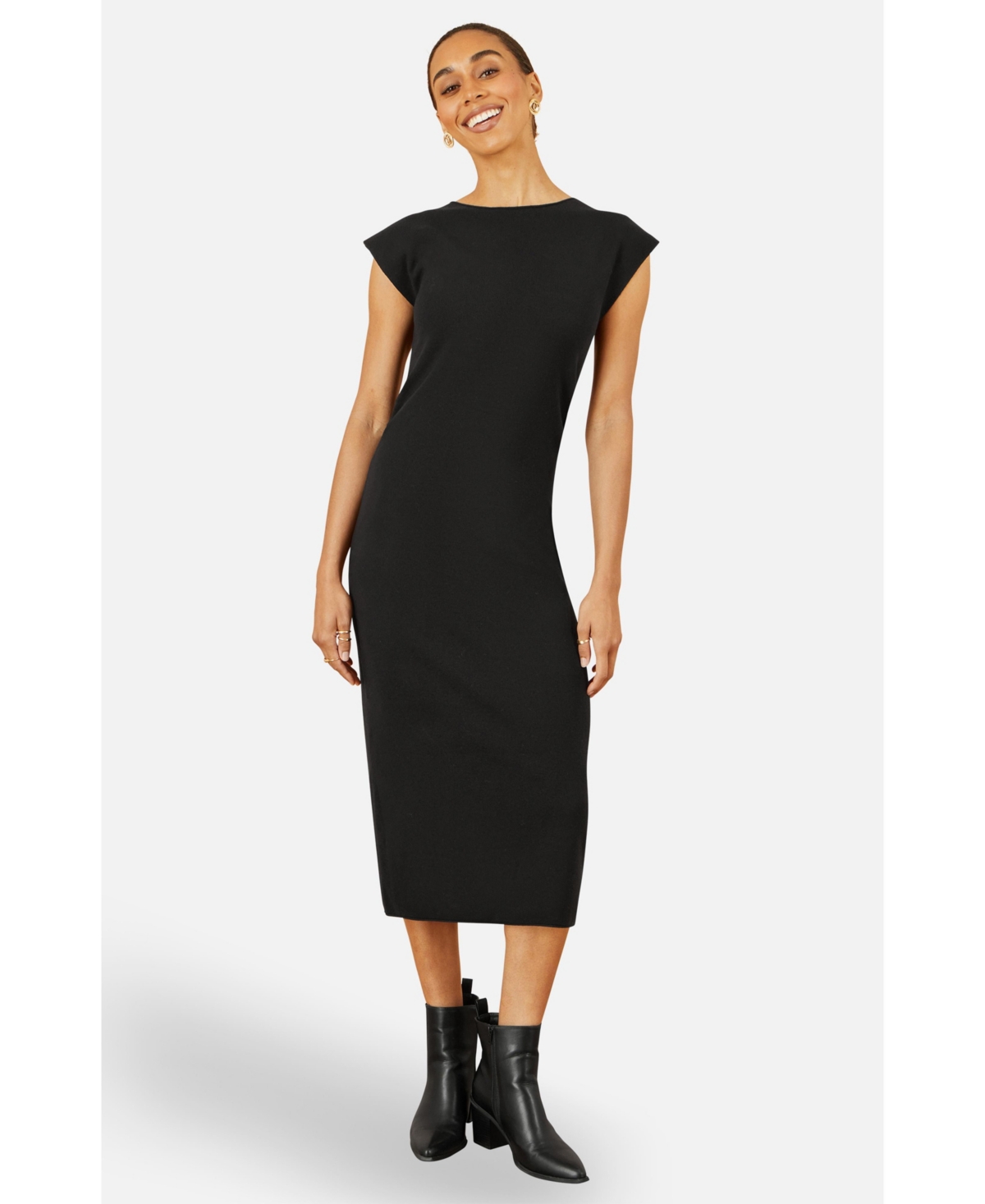 Click here for Yumi Womens Knitted Ruched Midi Dress - Black prices