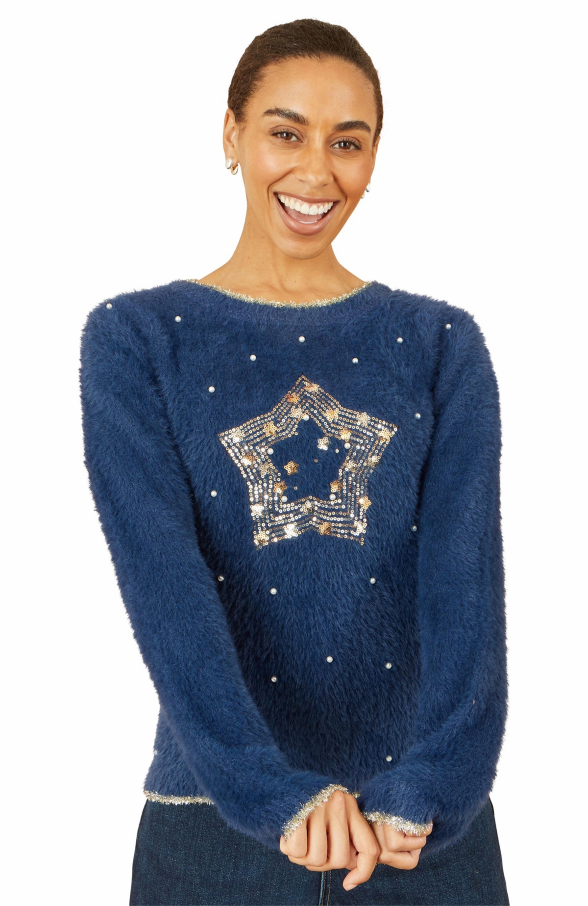 Click here for Yumi Womens Fluffy Star Holiday Sweater - Navy prices