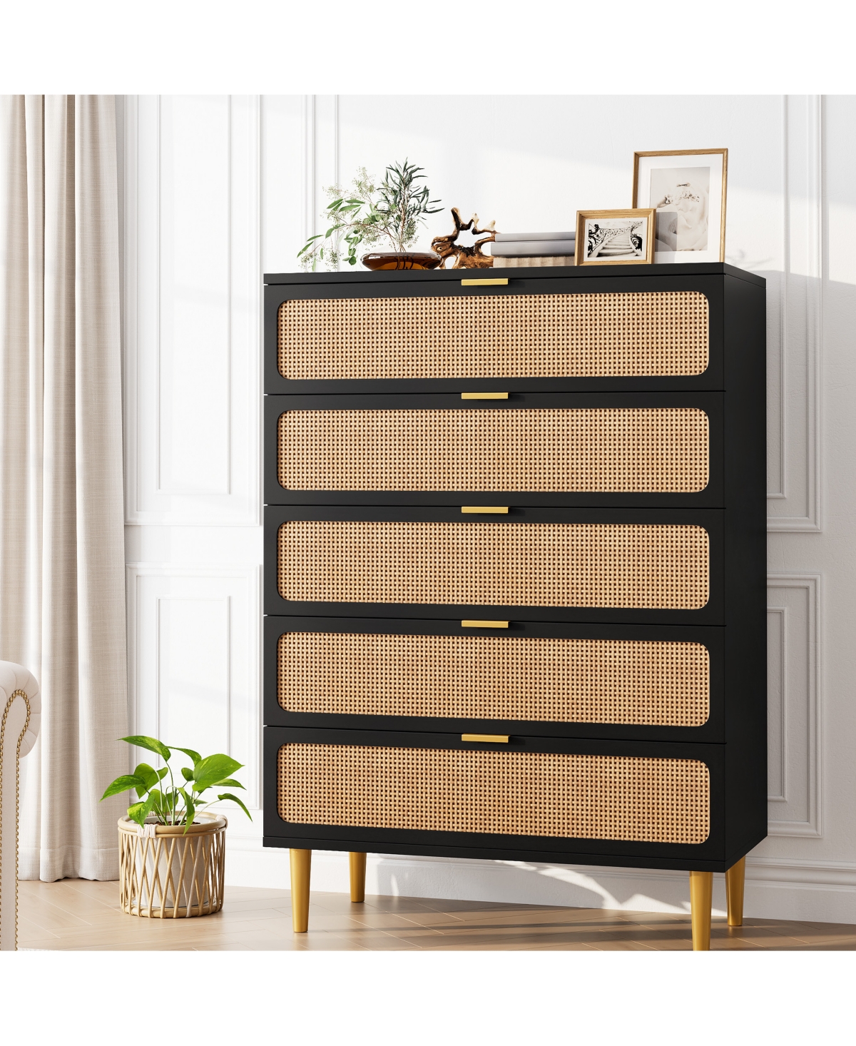 Click here for homfan Tall Boho 5-Drawer Rattan Dresser  Wooden S... prices