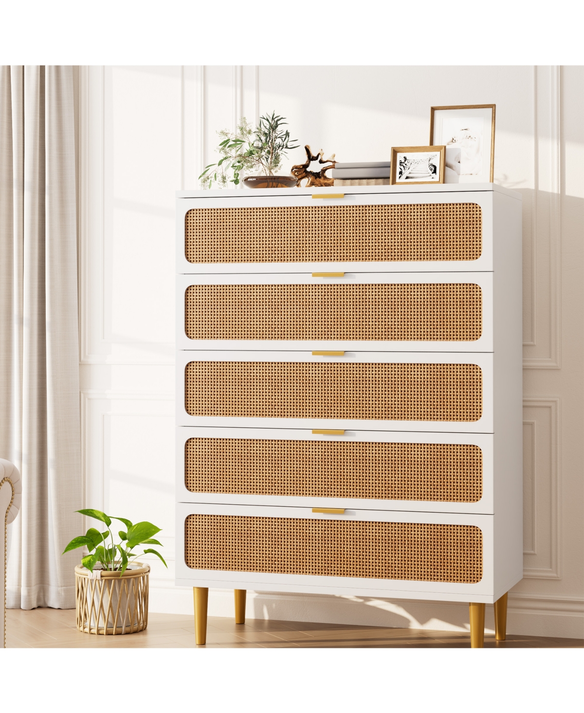 Click here for homfan Tall Boho 5-Drawer Rattan Dresser  Wooden S... prices