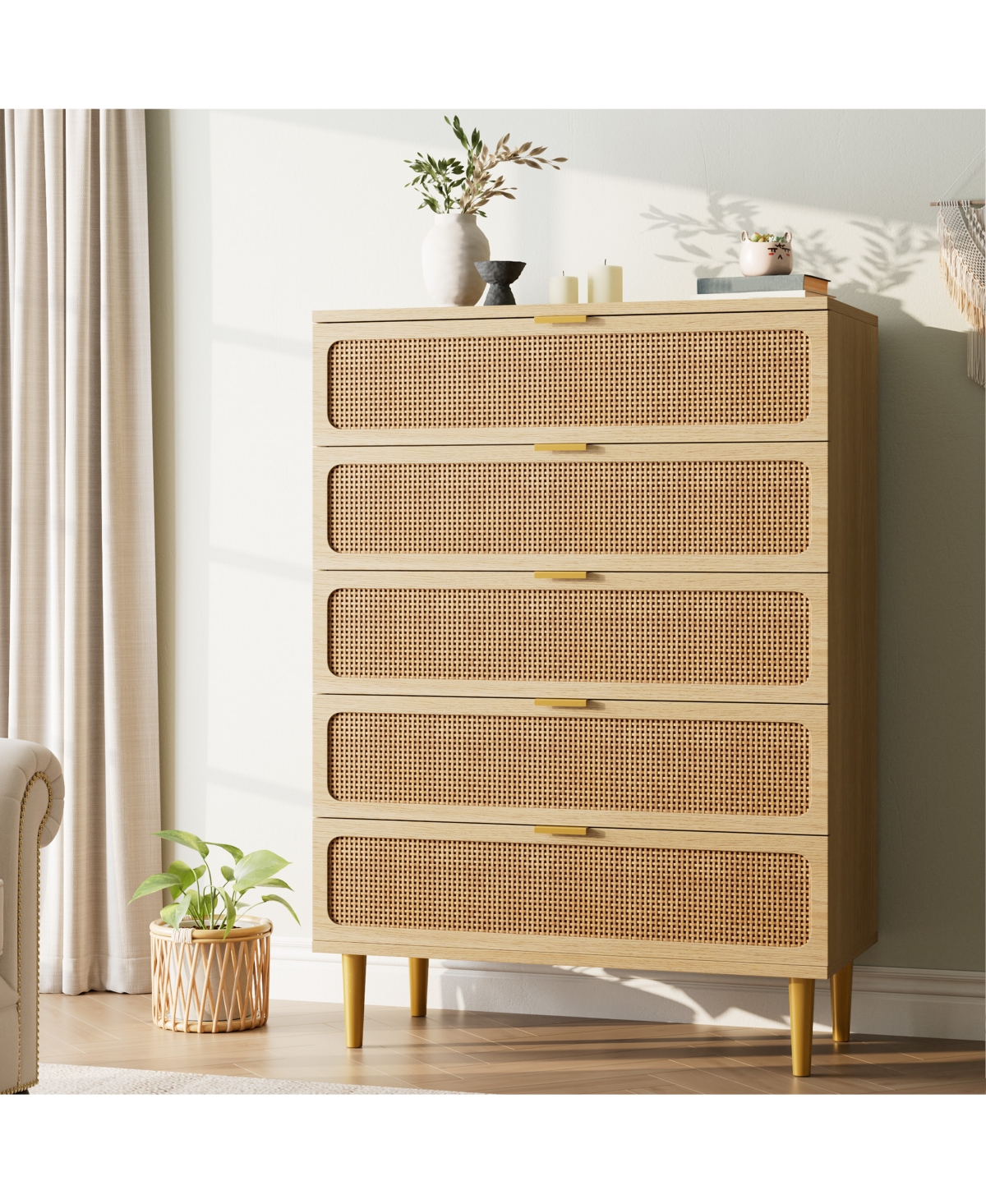 Click here for homfan Tall Boho 5-Drawer Rattan Dresser  Wooden S... prices