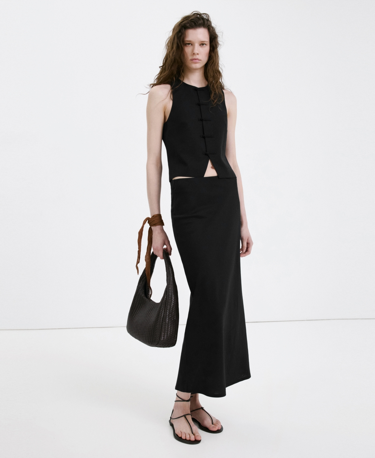 Click here for Mango Womens Linen Toggle Vest - Black prices