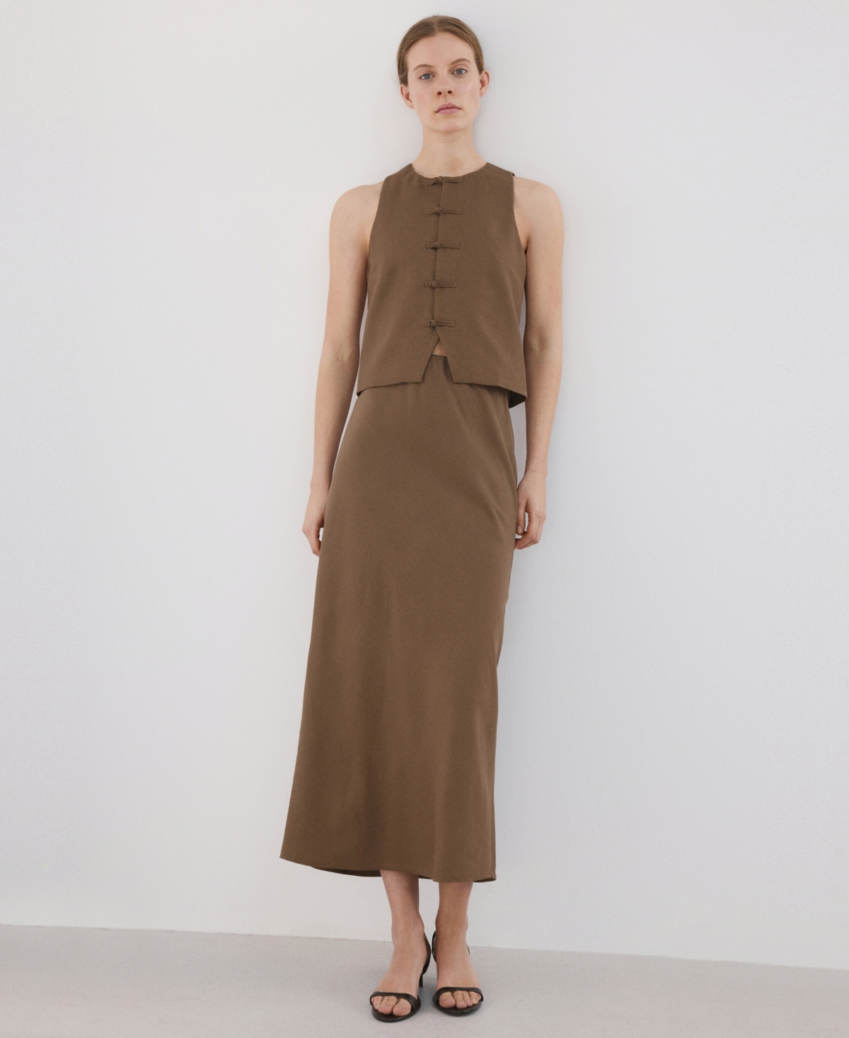 Click here for Mango Womens Linen Toggle Vest - Brown prices