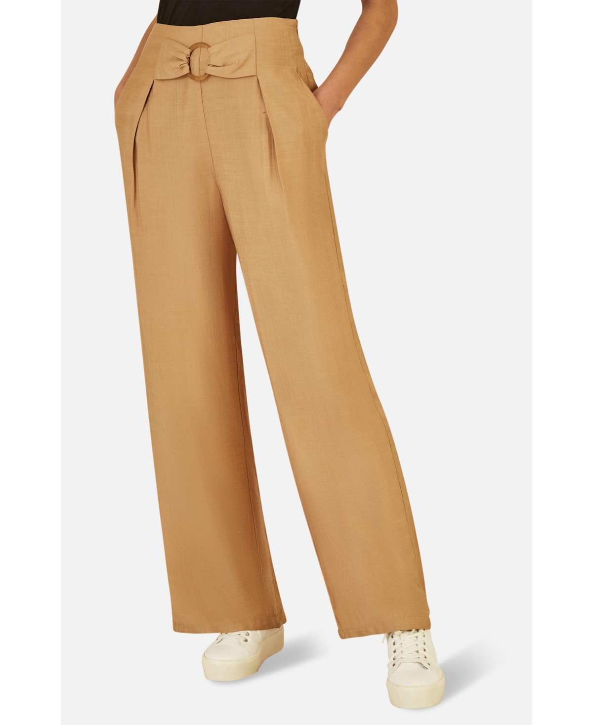 Click here for Yumi Womens Buckle Detail Wide Leg Pants - Brown prices
