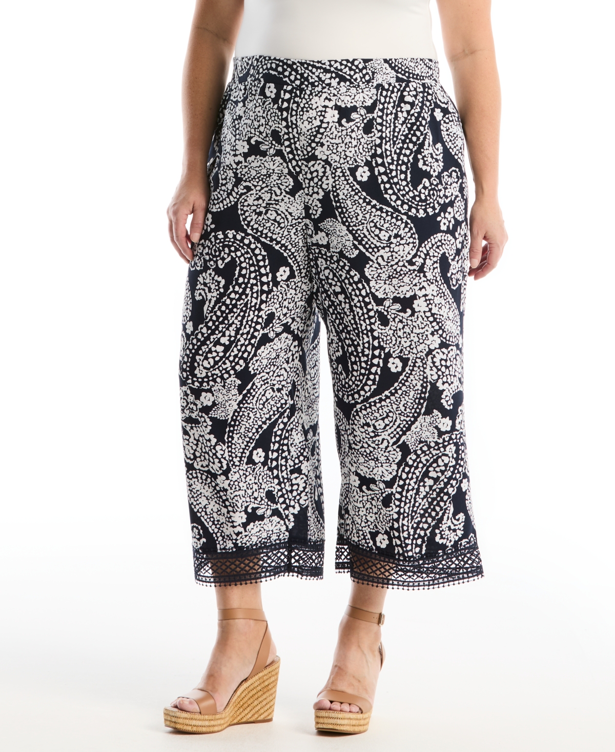 Click here for Rafaella Plus Size Paisley Crochet Trim Pant - Pea... prices