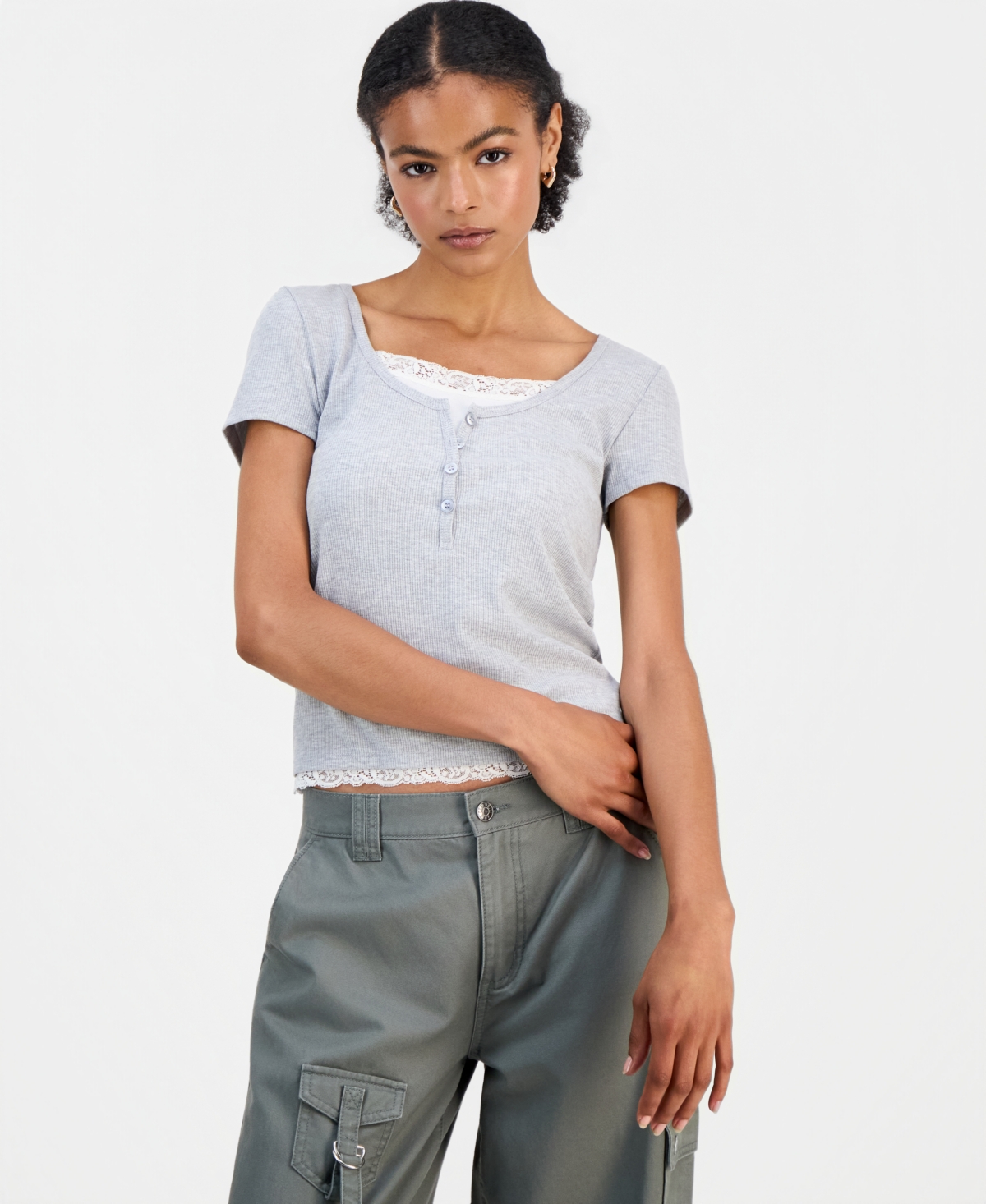 Click here for Hippie Rose Juniors Layered-Look Short-Sleeve Henl... prices