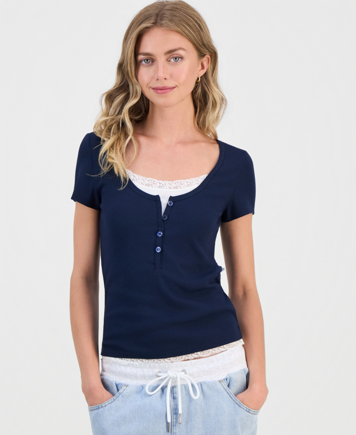 Click here for Hippie Rose Juniors Layered-Look Short-Sleeve Henl... prices