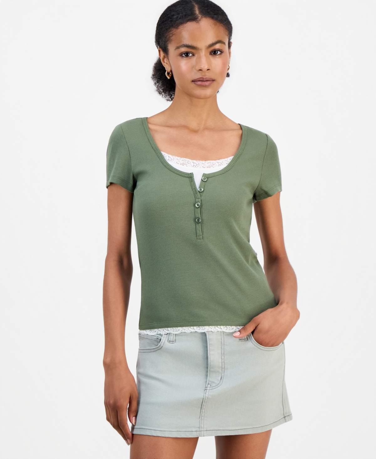 Click here for Hippie Rose Juniors Layered-Look Short-Sleeve Henl... prices