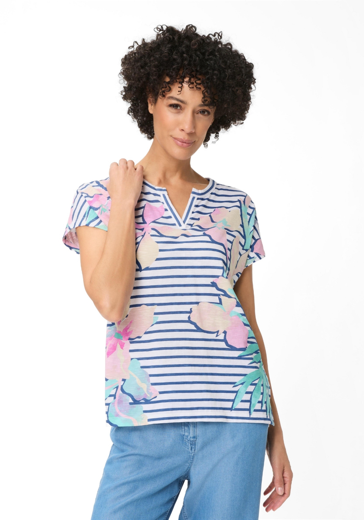 Click here for Olsen Womens Stripe and Floral T-Shirt - Indigo prices