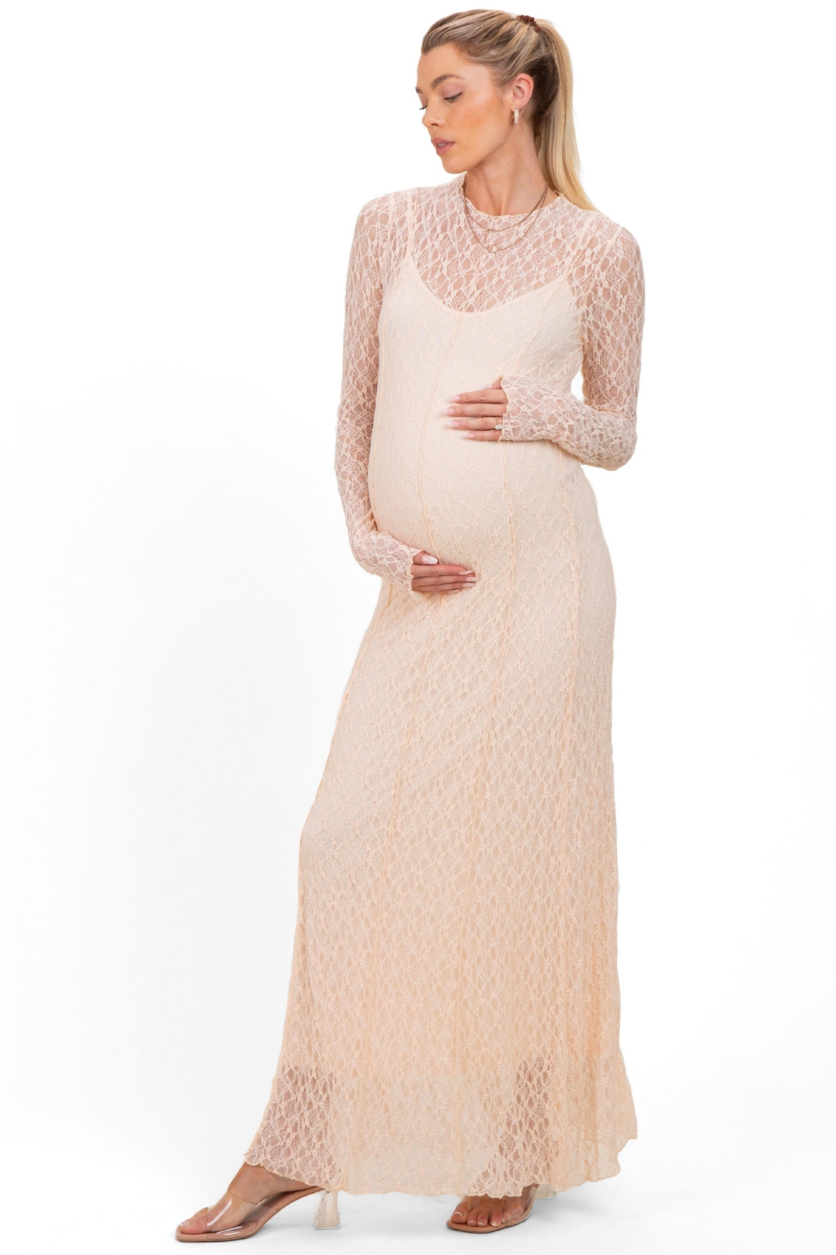 Click here for Pinkblush Maternity White Lace Mock Neck Long Slee... prices