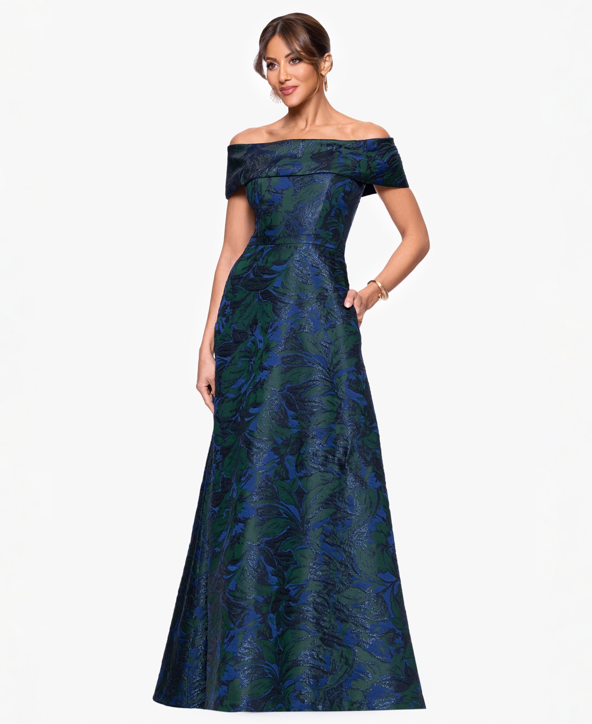 Click here for Xscape Petite Off-The-Shoulder Jacquard Ball Gown... prices