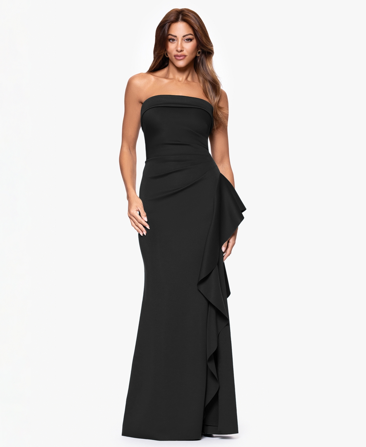 Click here for Xscape Petite Strapless Ruffle Sheath Gown - Black prices