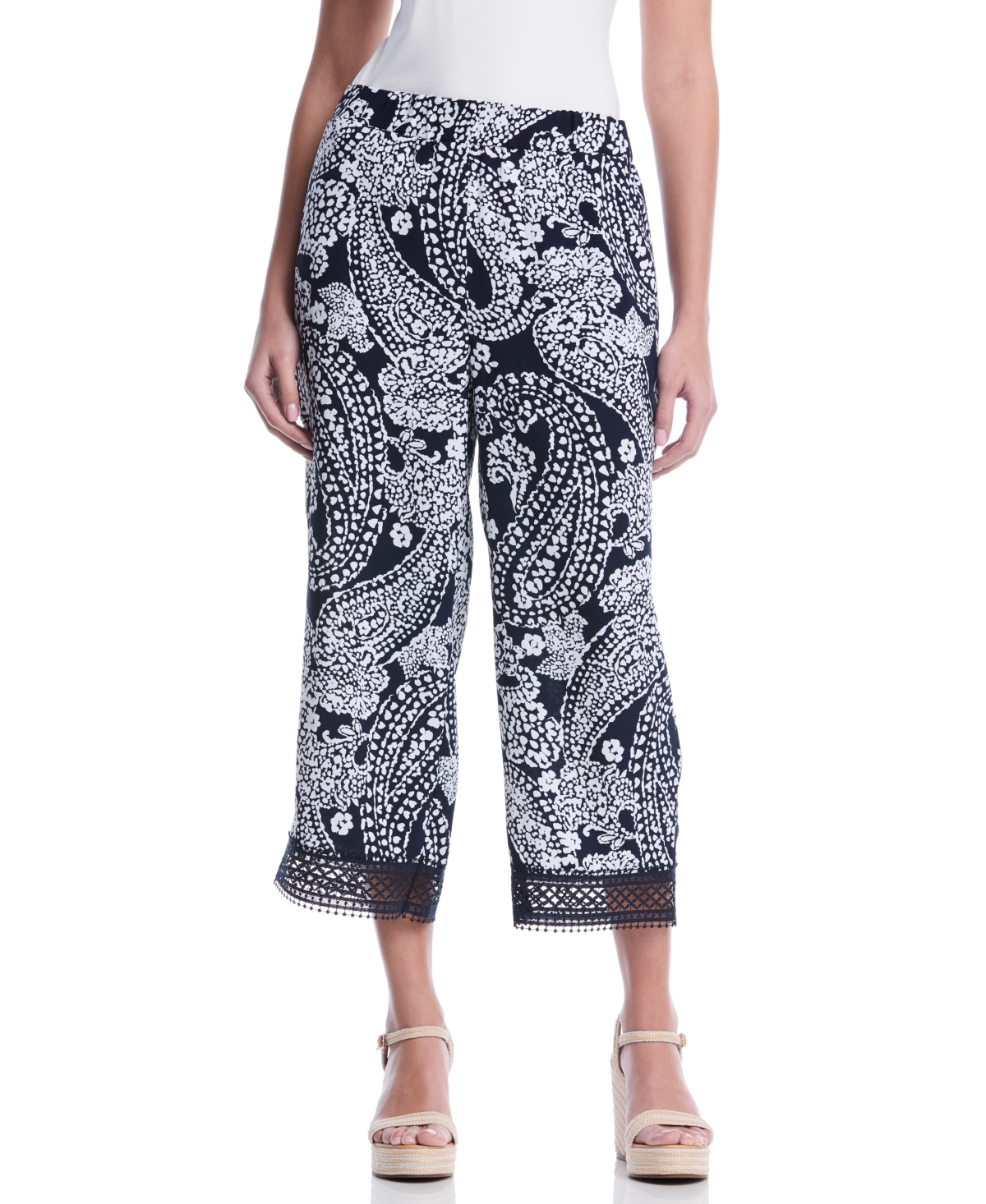 Click here for Rafaella Petite Paisley Crochet Trim Pants - Peaco... prices