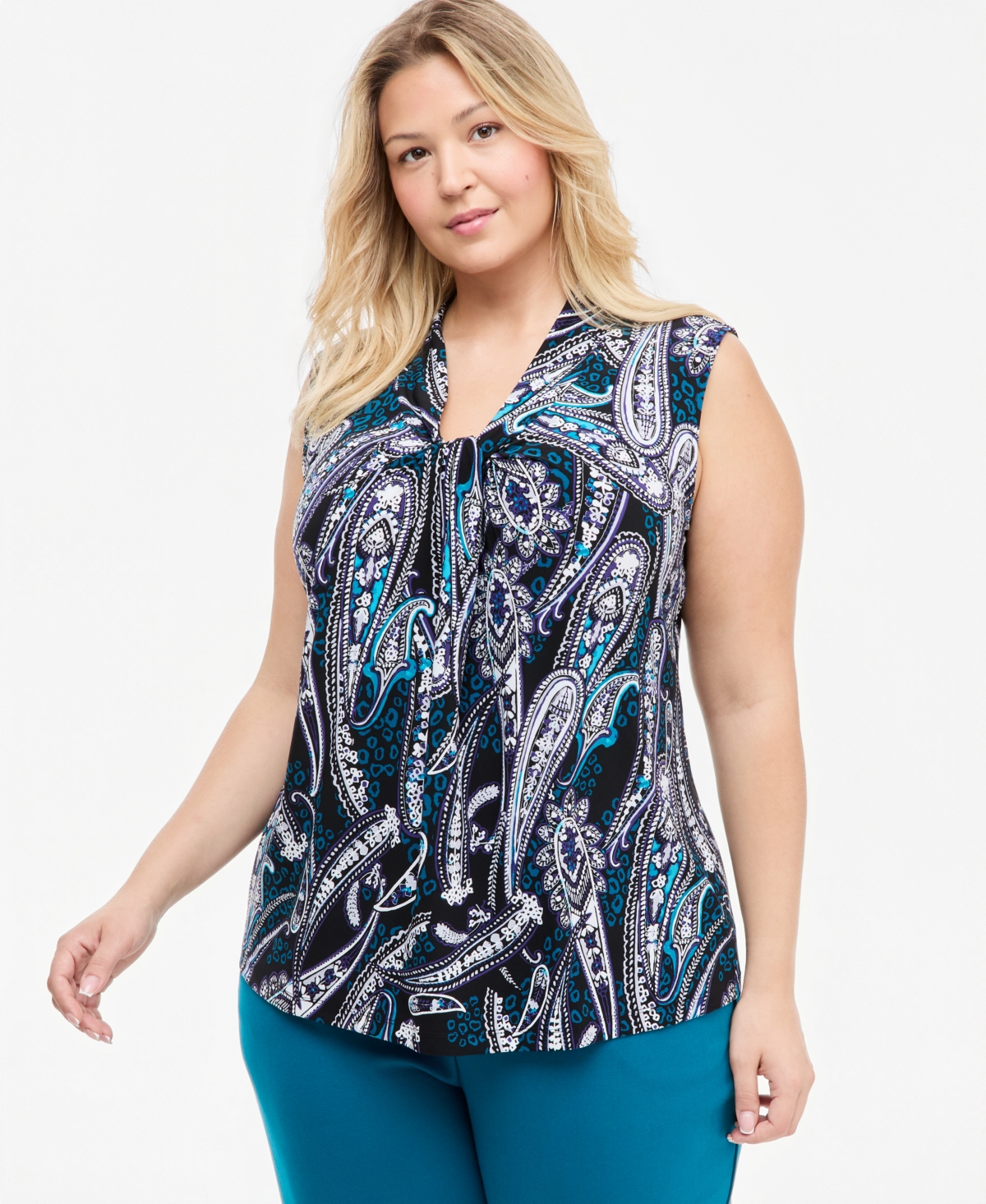 Click here for Kasper Plus Size Knot Front Sleeveless V-Neck Pais... prices
