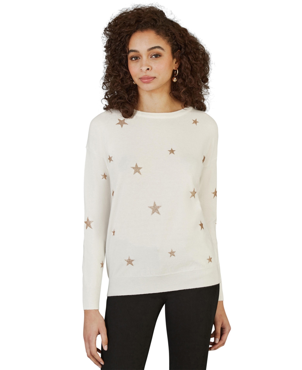 Click here for Yumi Womens Foil Star Print Relaxed Fit Sweater -... prices