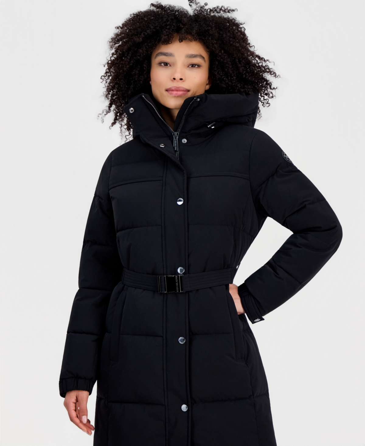 Click here for Michael Kors Petite Belted Hooded Puffer Coat - Bl... prices
