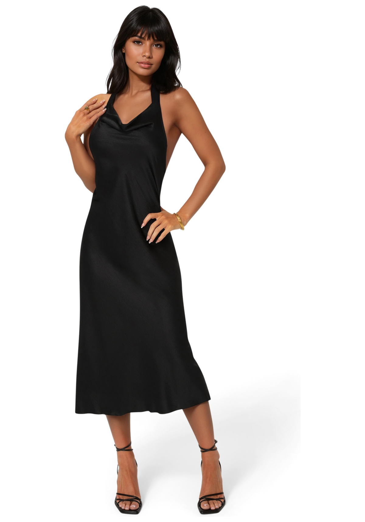 Click here for Bebe Womens Satin Halter Front Cowl Neck Midi Dres... prices