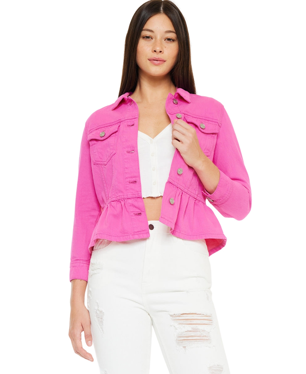 Click here for KanCan Womens Marilou Peplum Denim Jacket - Hot pi... prices